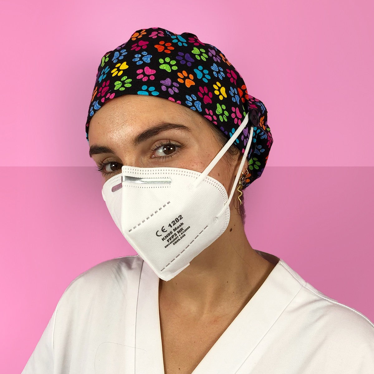 Long Hair Surgical Cap with with Buttons and Elastic Band - Paw Print ...